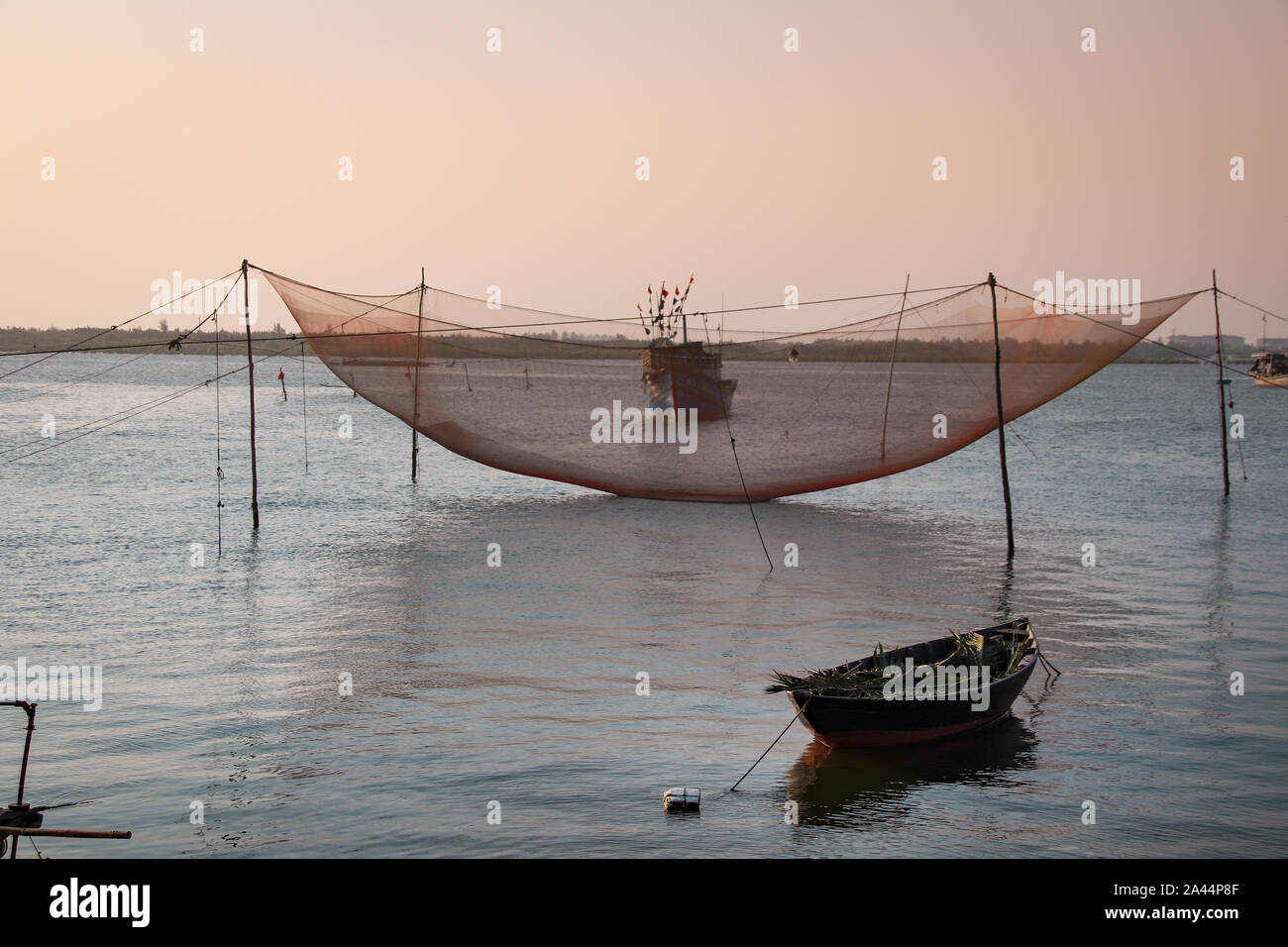 Traditional Vietnamese fishing method using sitting nets or stationary ...