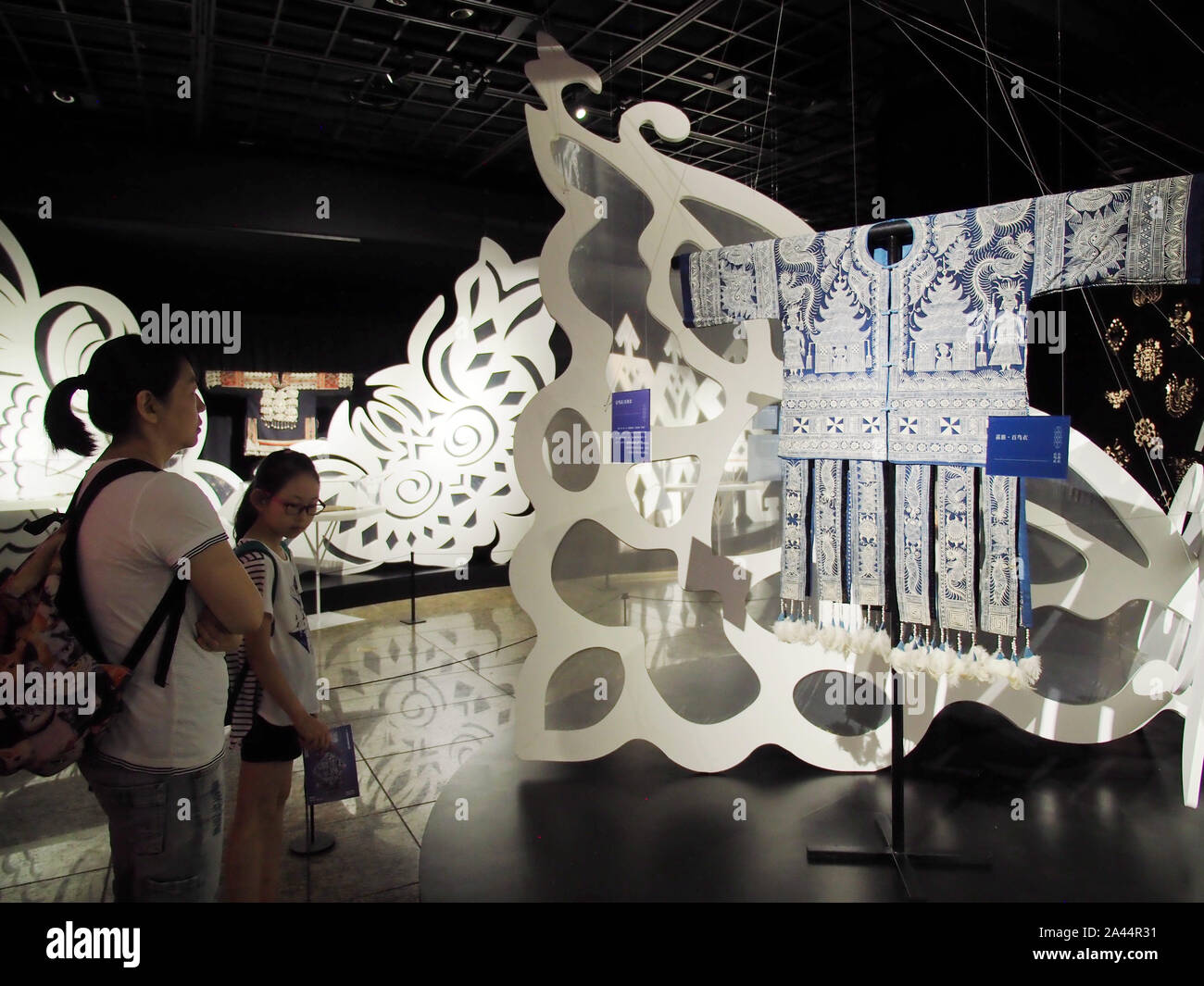 Visitors view an artwork featuring ethnic decorative patterns during an ...