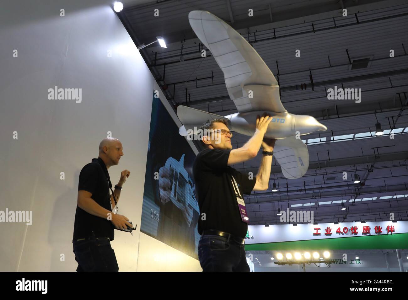A bird-like drone developed by Festo is displayed during the 2019 Word ...