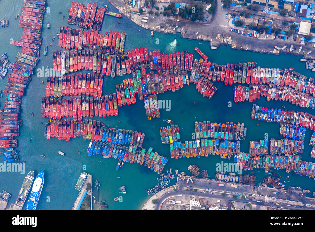 Aerial view of the fishing boats docked at a port in Beihai city, south ...
