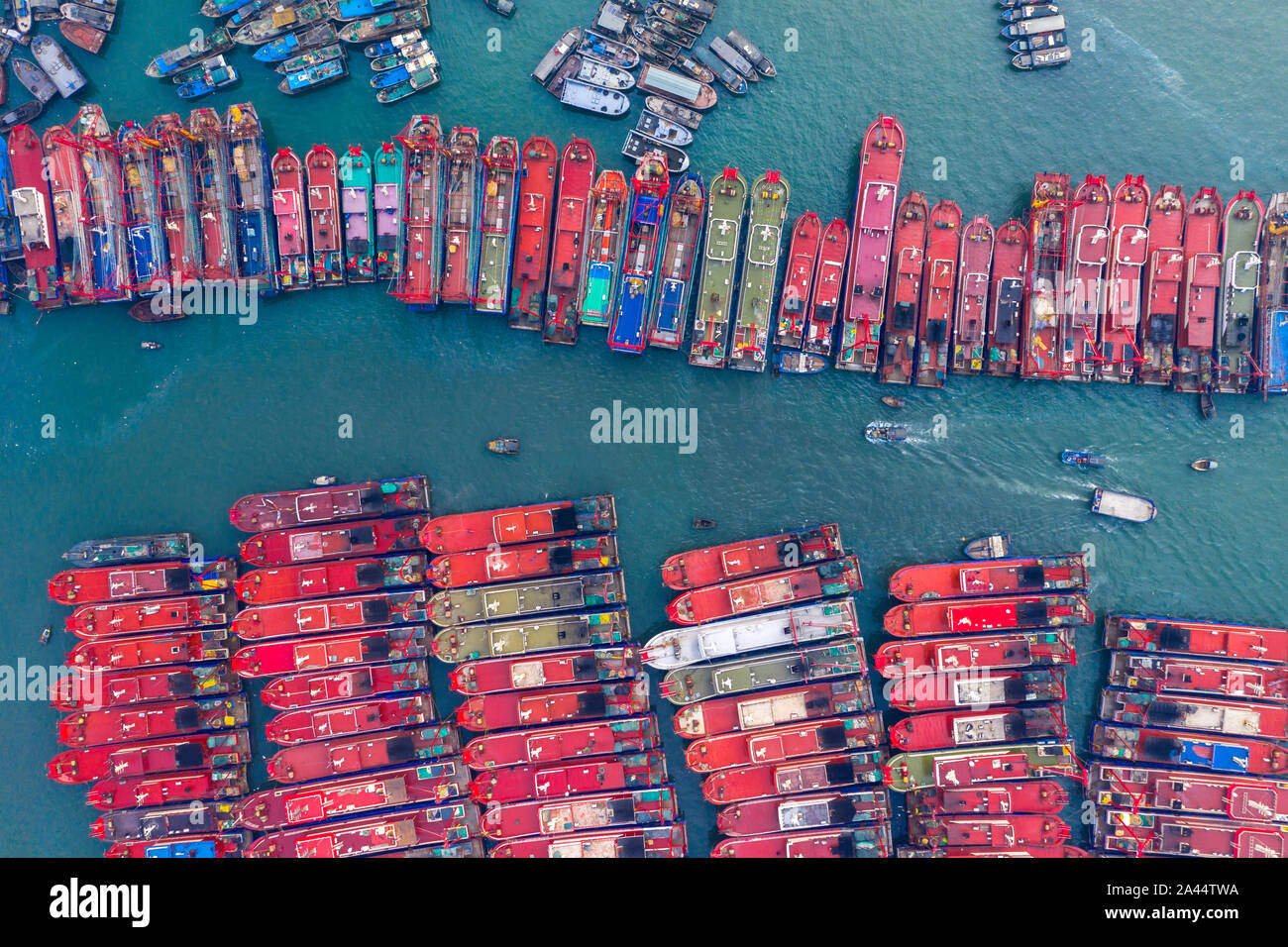Aerial view of the fishing boats docked at a port in Beihai city, south ...
