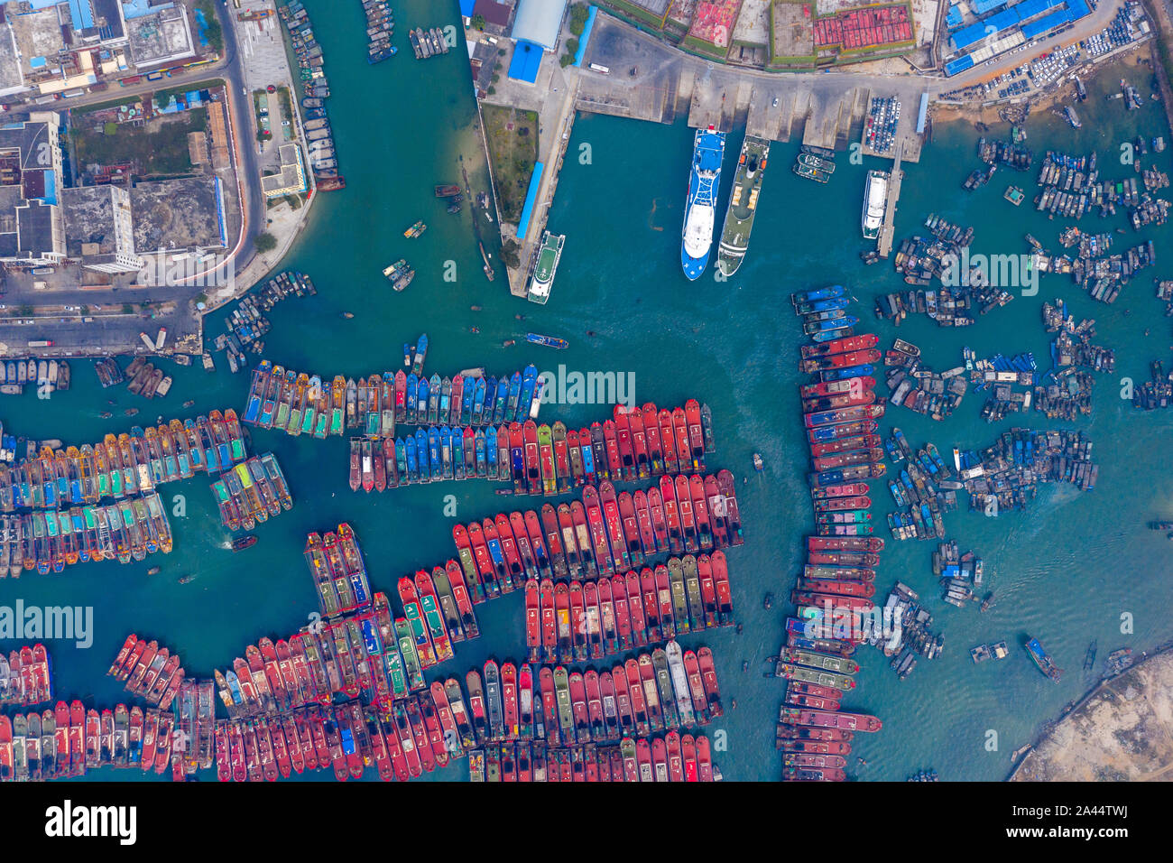 Aerial view of the fishing boats docked at a port in Beihai city, south ...