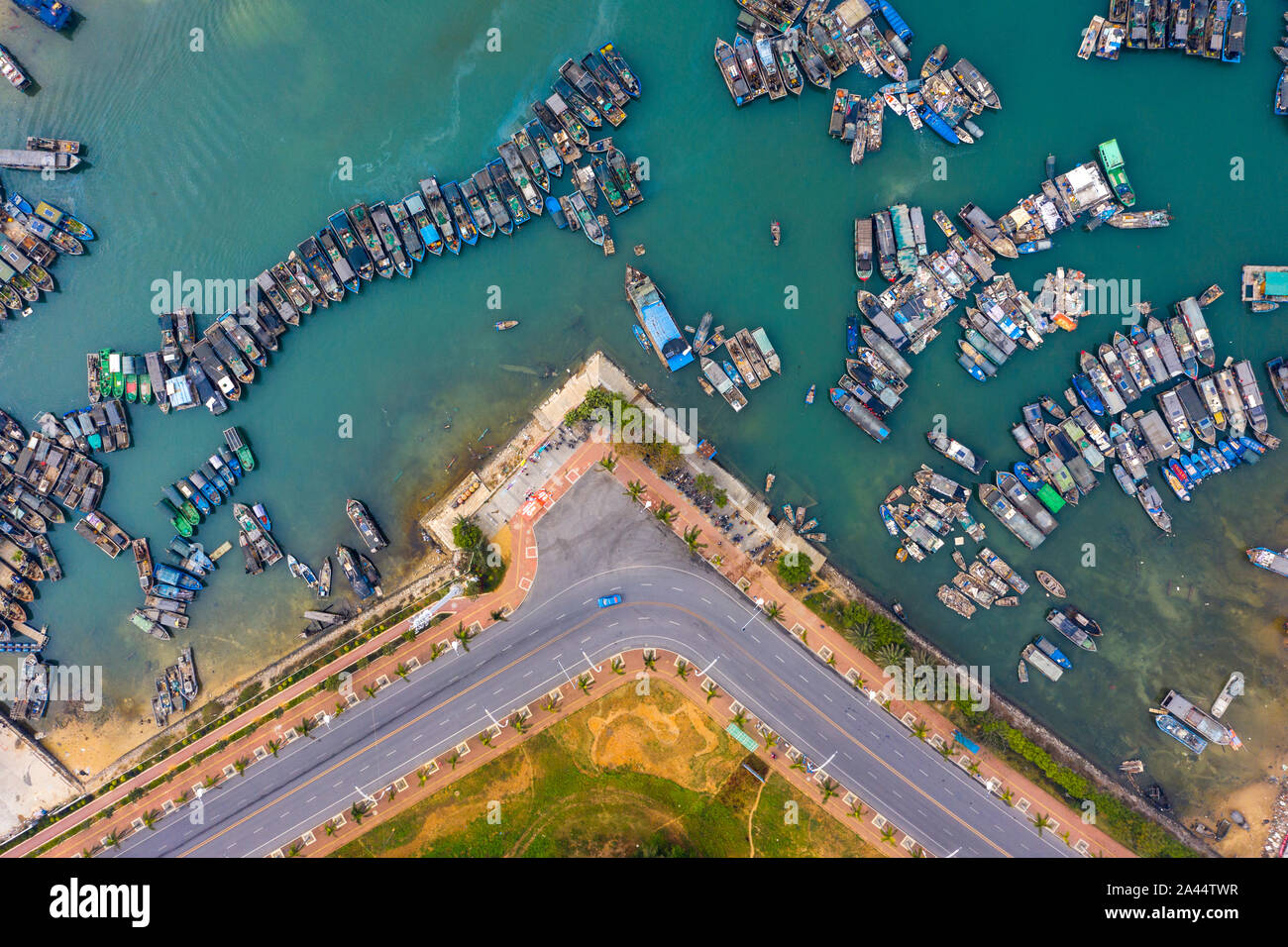Aerial view of the fishing boats docked at a port in Beihai city, south ...