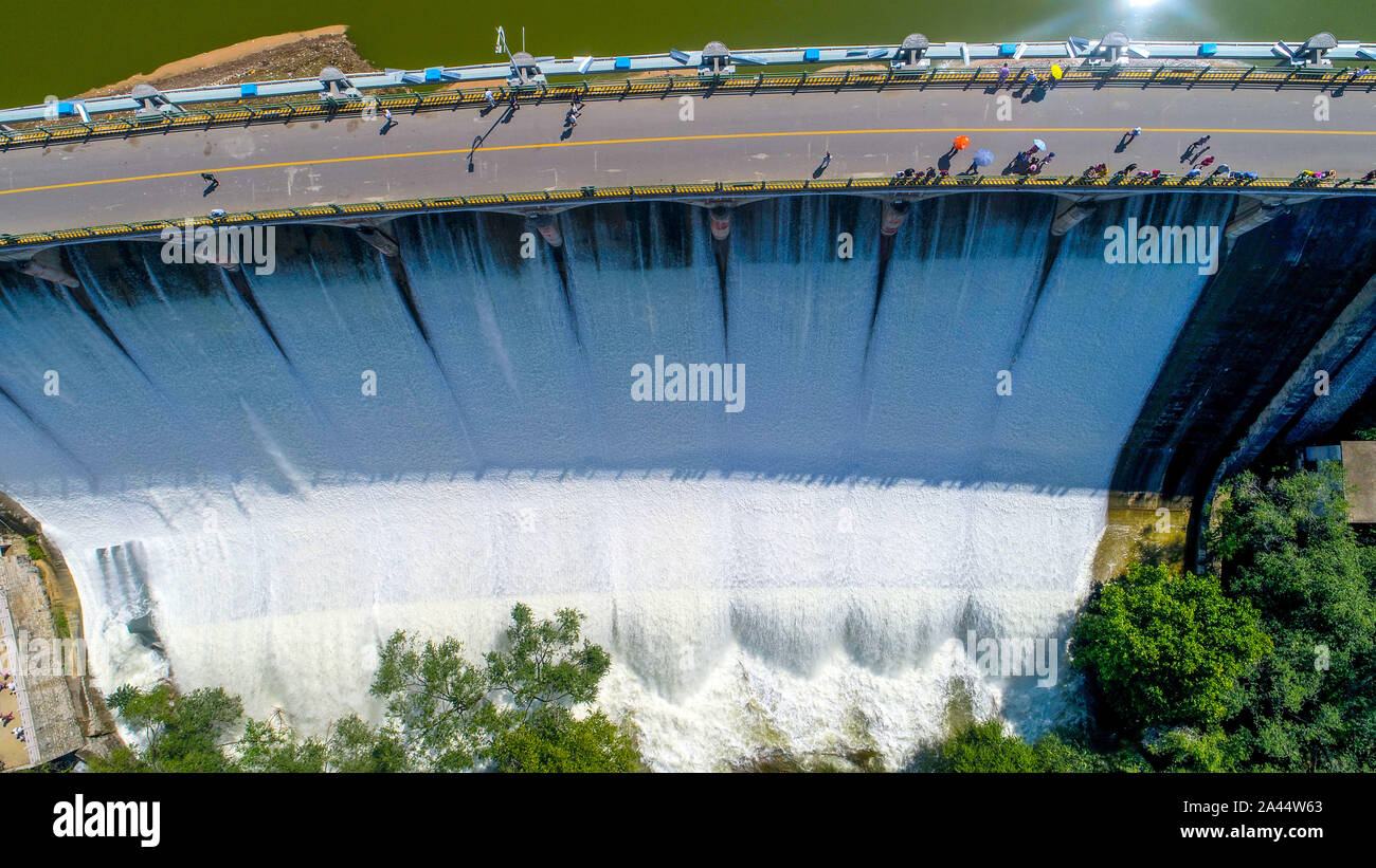 Aerial view of water released from a dam of the Jinxiuchuan Reservoir ...