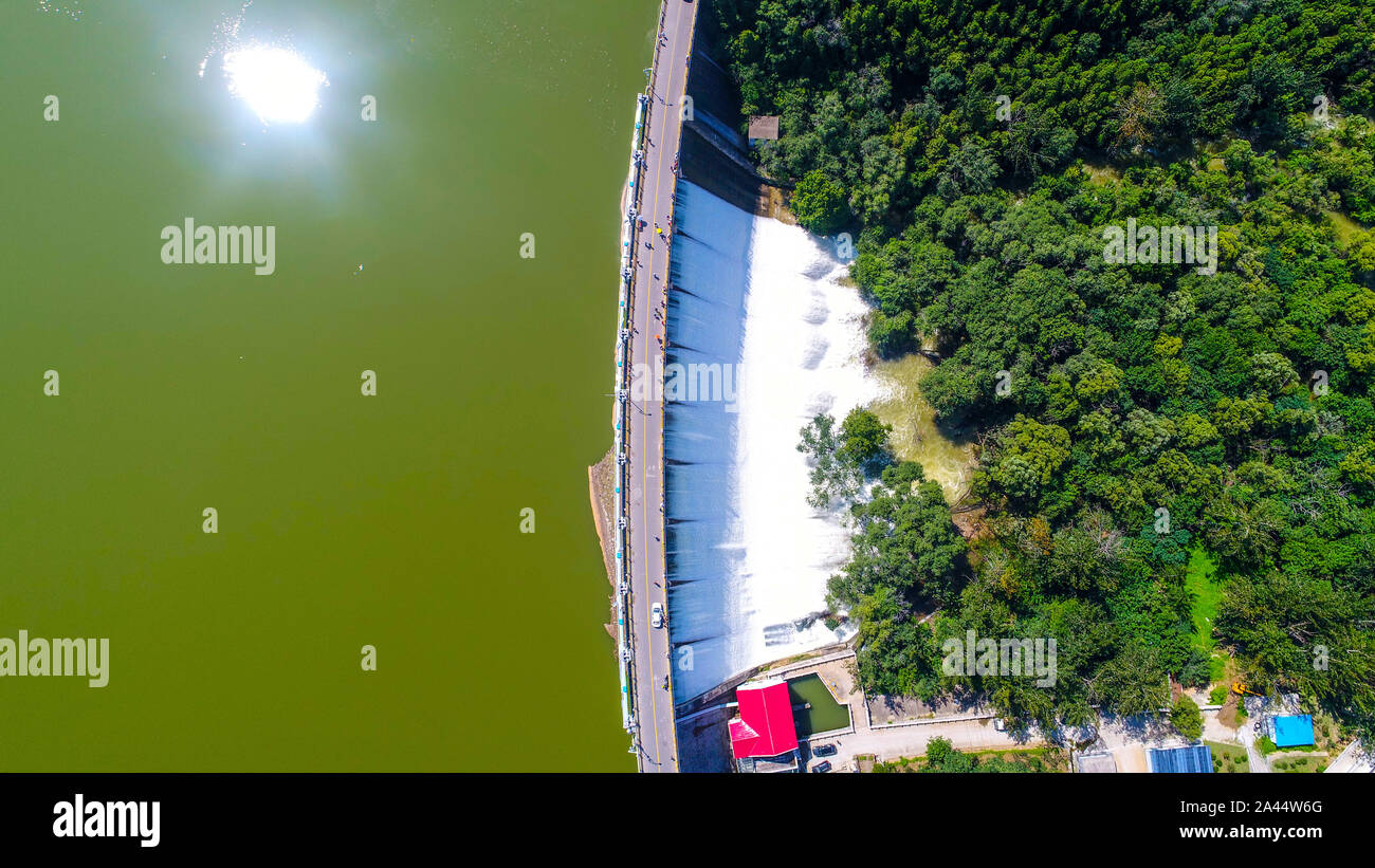 Aerial view of water released from a dam of the Jinxiuchuan Reservoir ...