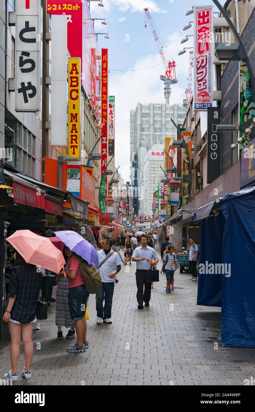 Tokyo, Japan - August 29, 2016: Ameyoko market alley, street with ...