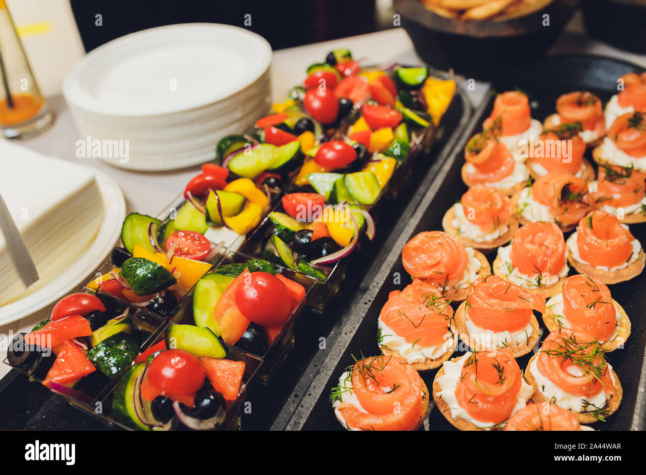 Different types of canapes on buffet table Stock Photo - Alamy