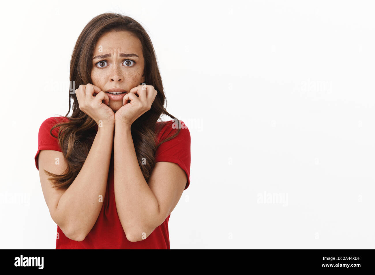 Disappointed young upset and hurt timid brunette woman feeling scared ...