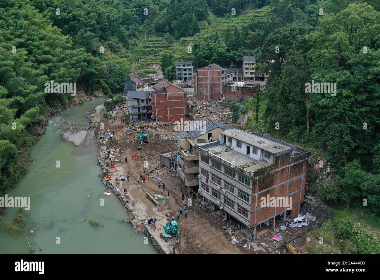Aerial view of landslide area caused by Typhoon Lekima, the ninth ...