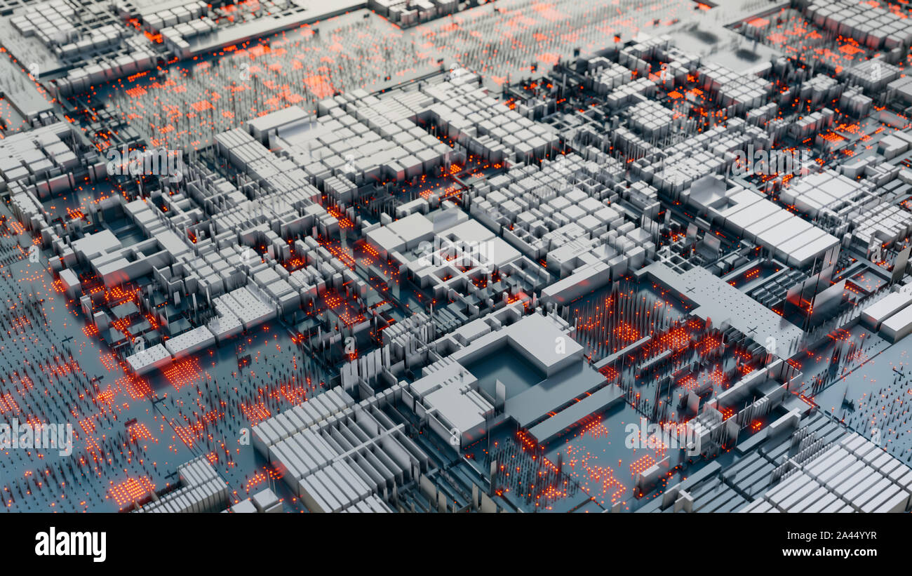 Abstract futuristic design. Tech wall with red bright elements. DOF ...