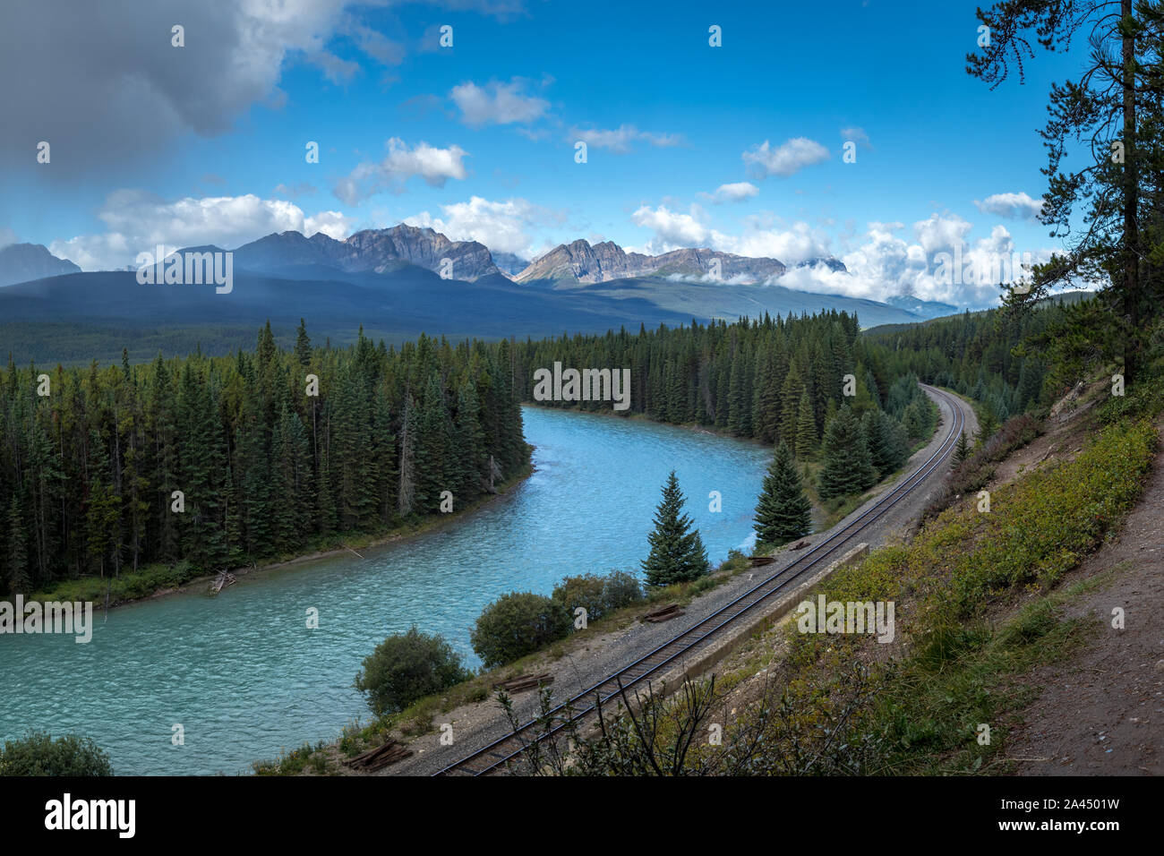 Beautiful view overlooking Bow Valley with railroad tracks running ...