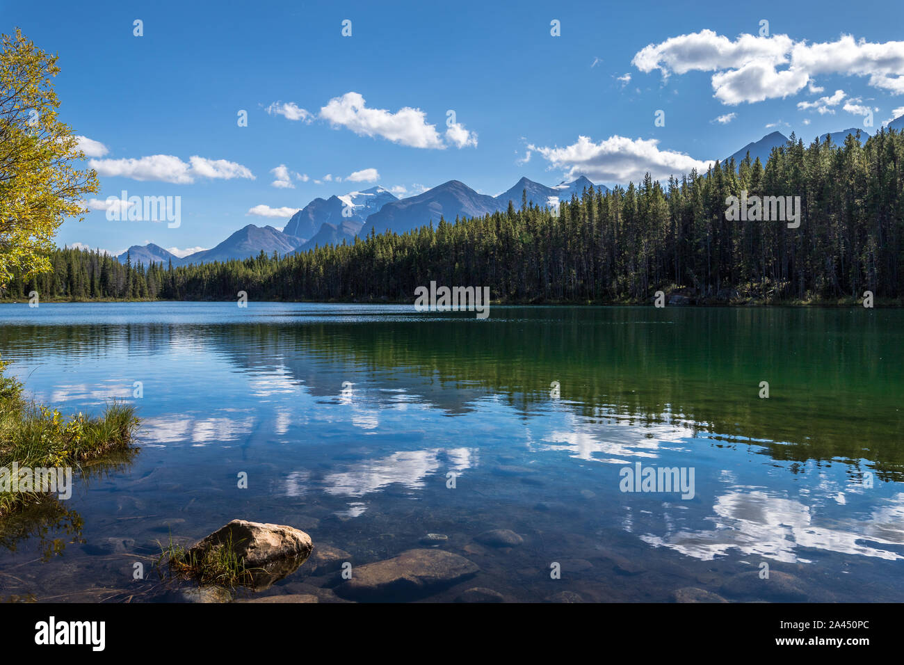 Calm blue water of Herbert Lake with reflections of trees, clouds, and ...