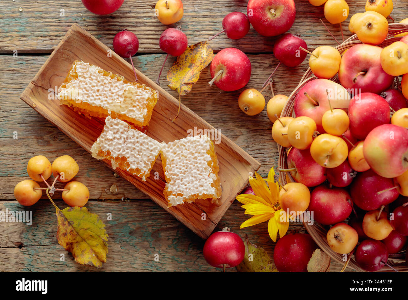 Honey and ripe small wild apples. Red and yellow crab apples, healthy ...