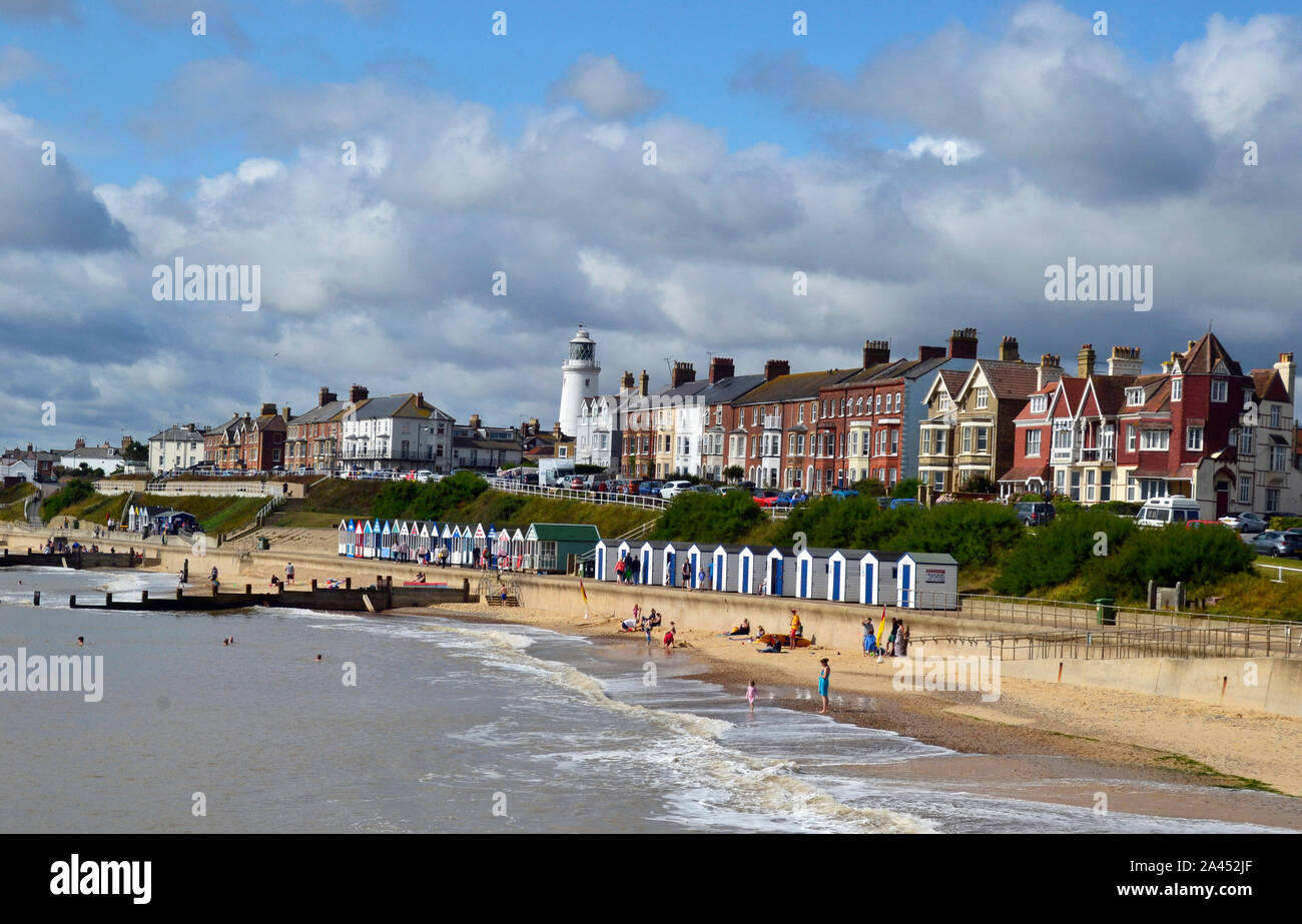 View of the beach from the pier, at Southwold seaside resort in Suffolk ...
