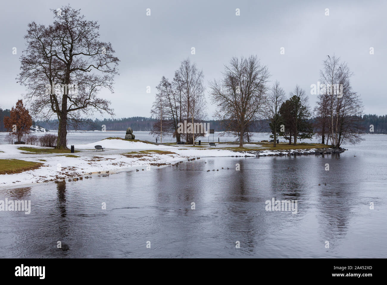 View of the Tallisaari Island on the frozen lake. Winter landscape in ...