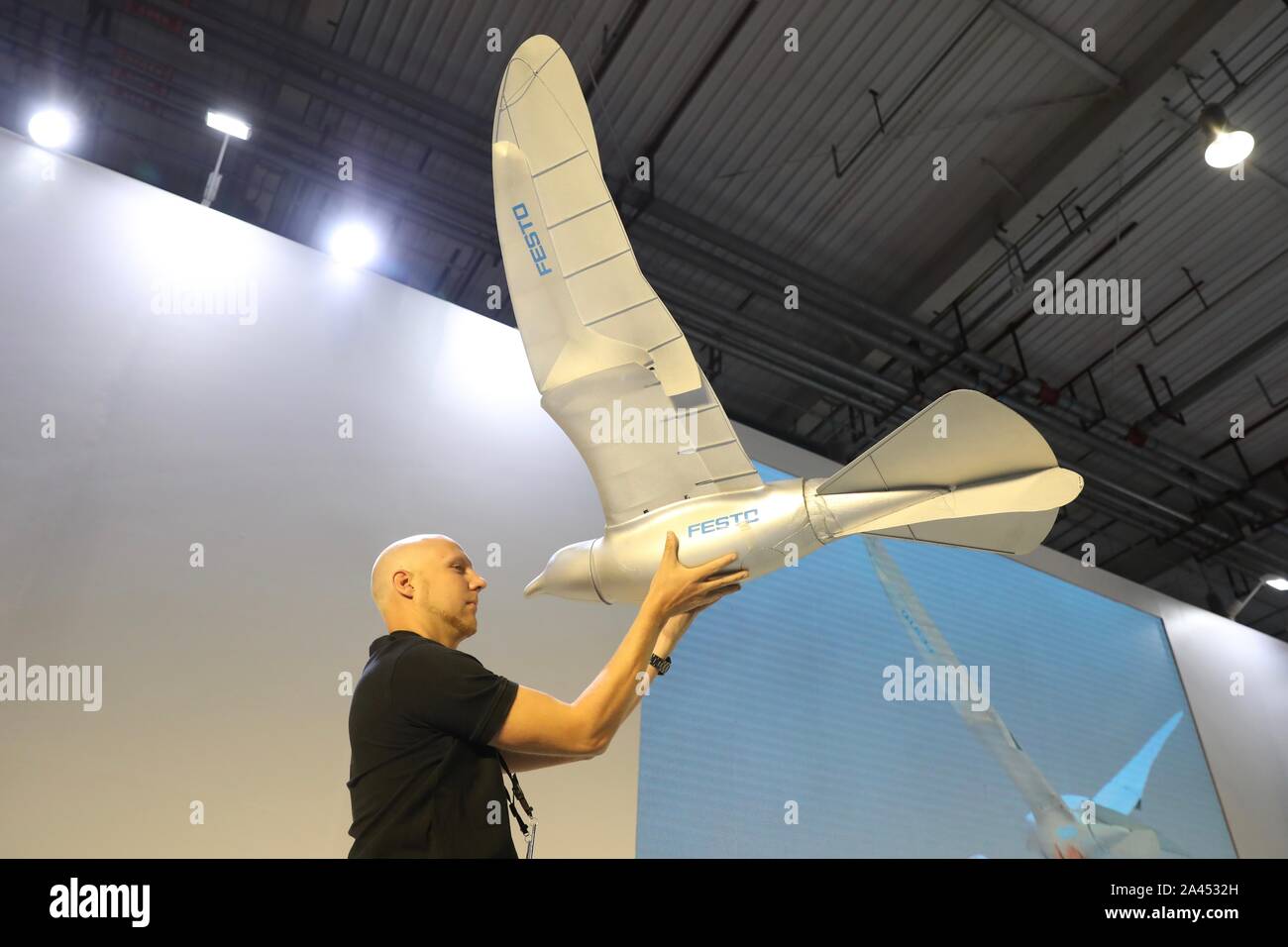 A bird-like drone developed by Festo is displayed during the 2019 Word ...
