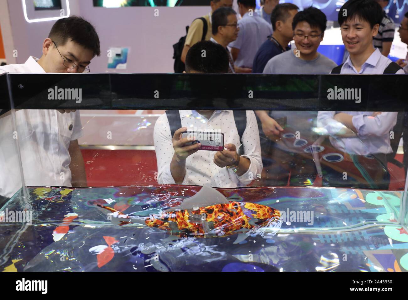 A robot Fish-Miro developed by Hi-Techpia Technology (Shenzhen) Co., Ltd. is displayed during ...