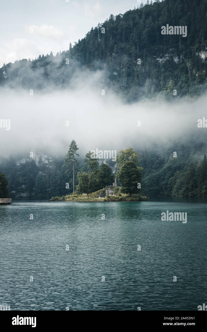 The island Christlieger in the fog at the Koenigssee (Königssee) in the ...
