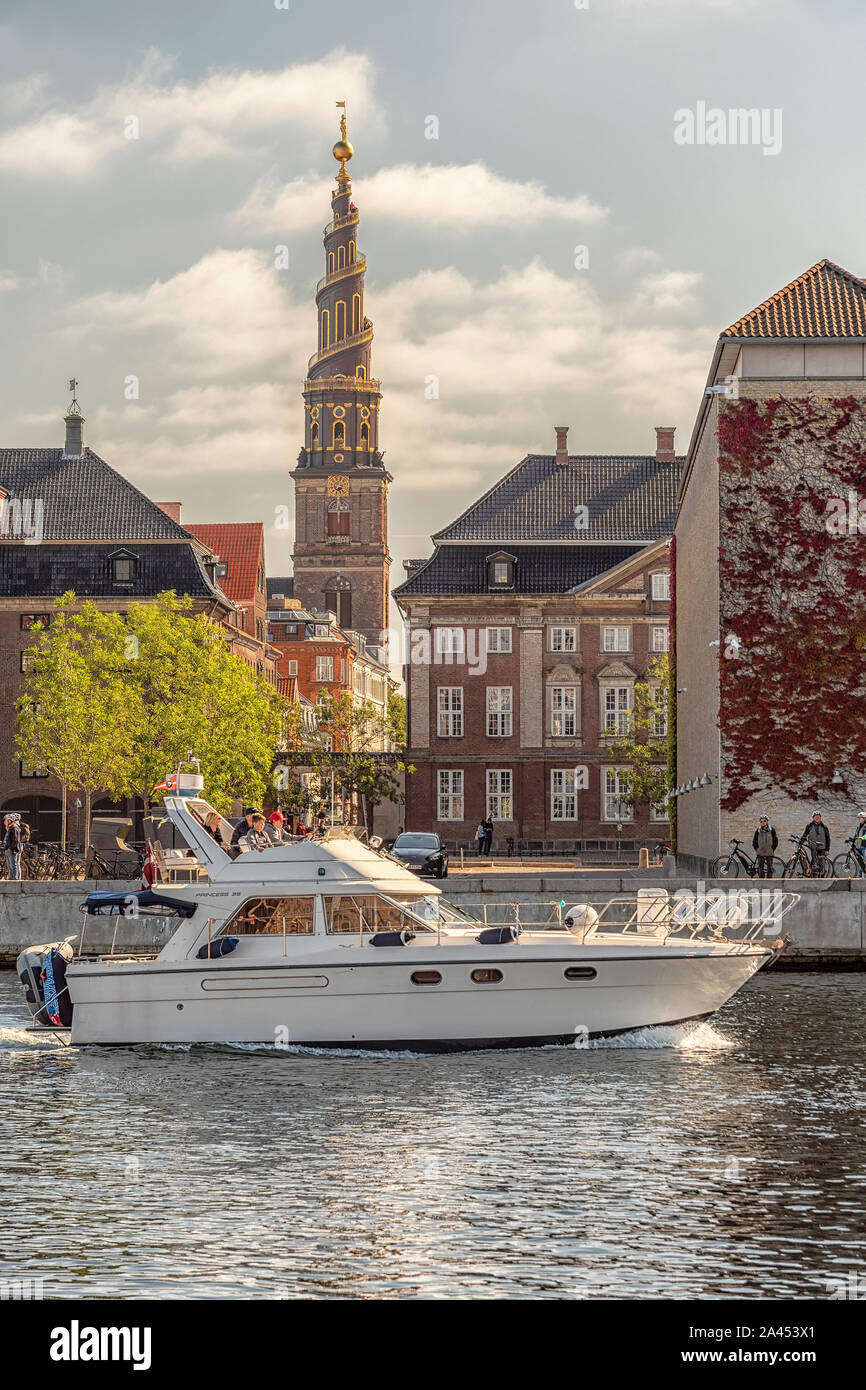 COPENHAGEN, DENMARK - SEPTEMBER 21, 2019: A family motor boat sails on ...