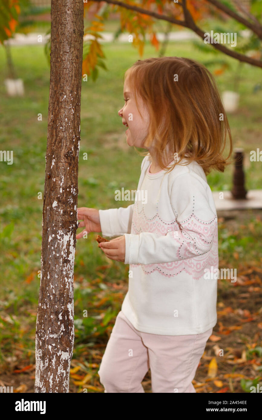 Adorable baby girl playing in a sunny park under a tree with yellow ...