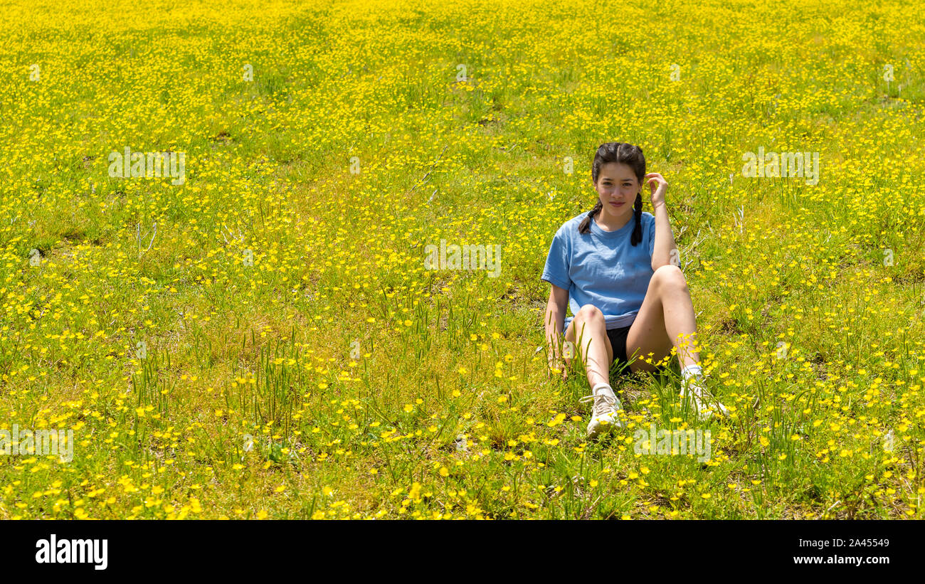 Teen girl sitting in large field with yellow flowers and trees in the ...