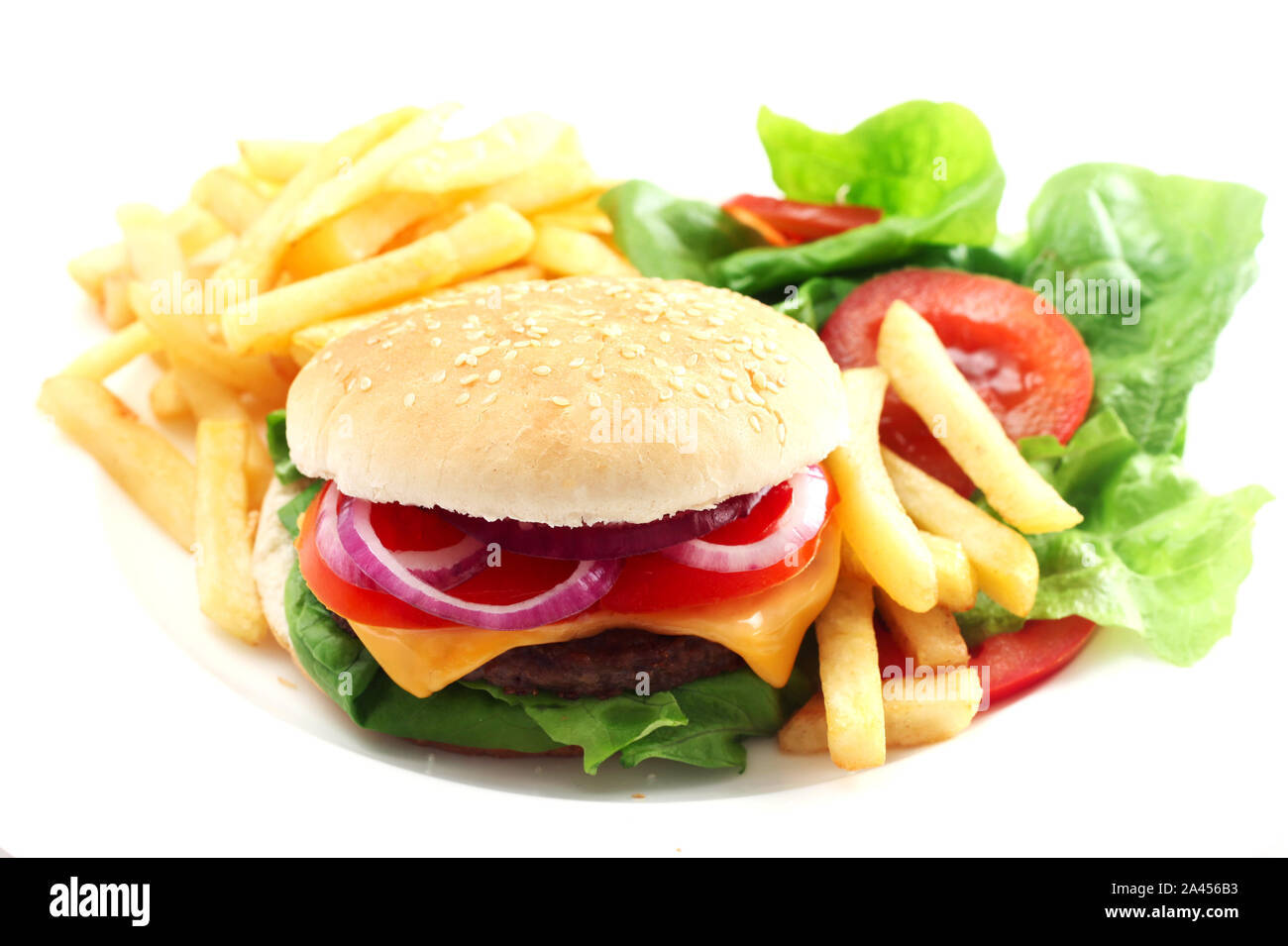 Cheeseburger With Chips And Salad Stock Photo - Alamy