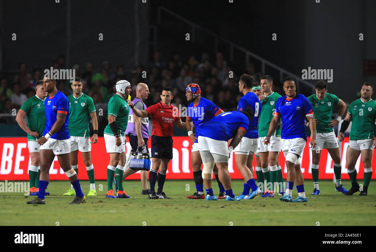 Samoa's Seilala Lam is shown a yellow card during the 2019 Rugby World ...