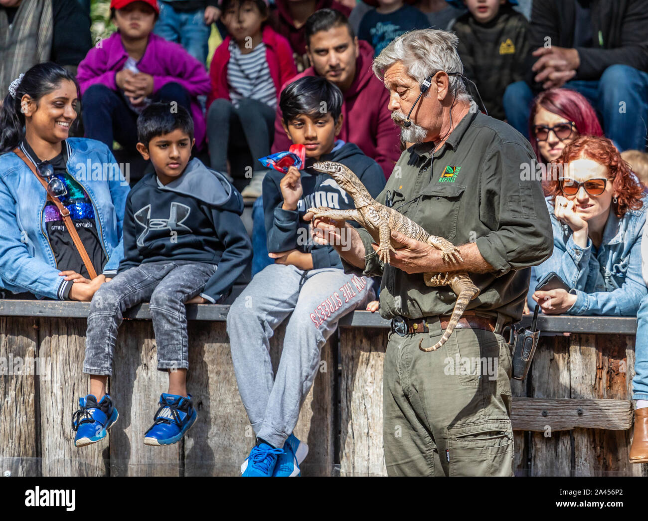 Ranger Mick showing a large lizard to a young audience at The Reptile ...