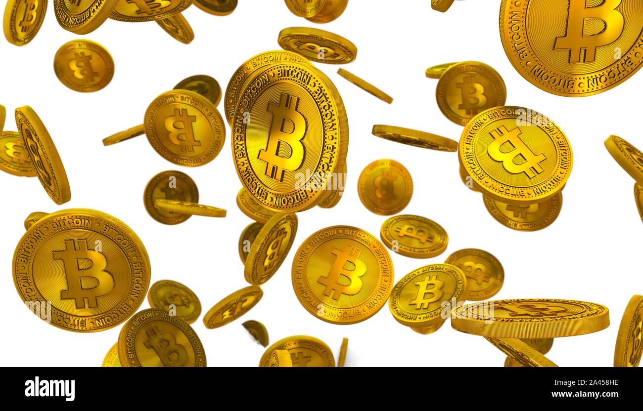 3d Rendering illustration of Many Golden Bitcoin Coin Isolated Falling ...