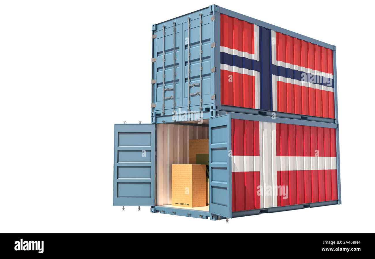 Two freight container with Norway and Denmark flag. Isolated on white ...