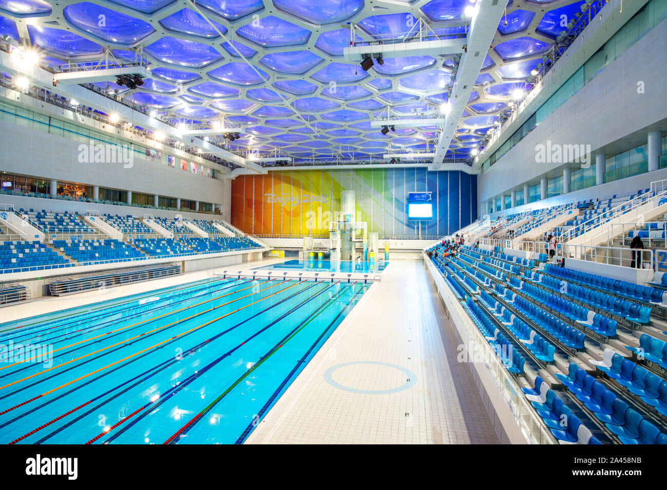 --FILE--Interior view of the National Aquatic Center or "Water Cube" in ...