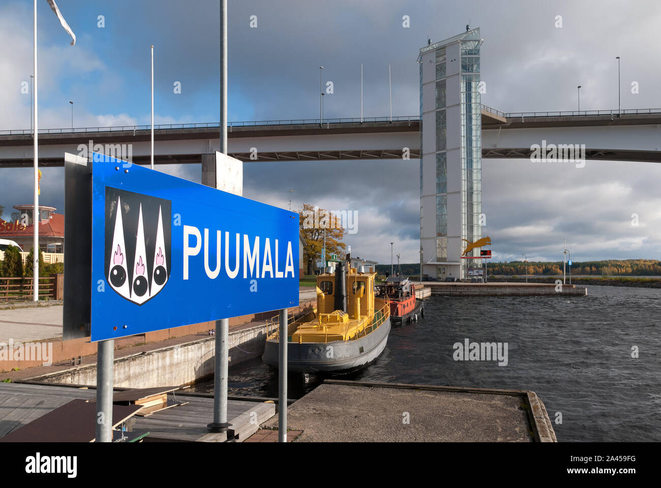 Puumala, Finland–October 5, 2019: Sign with coat of arms of the ...