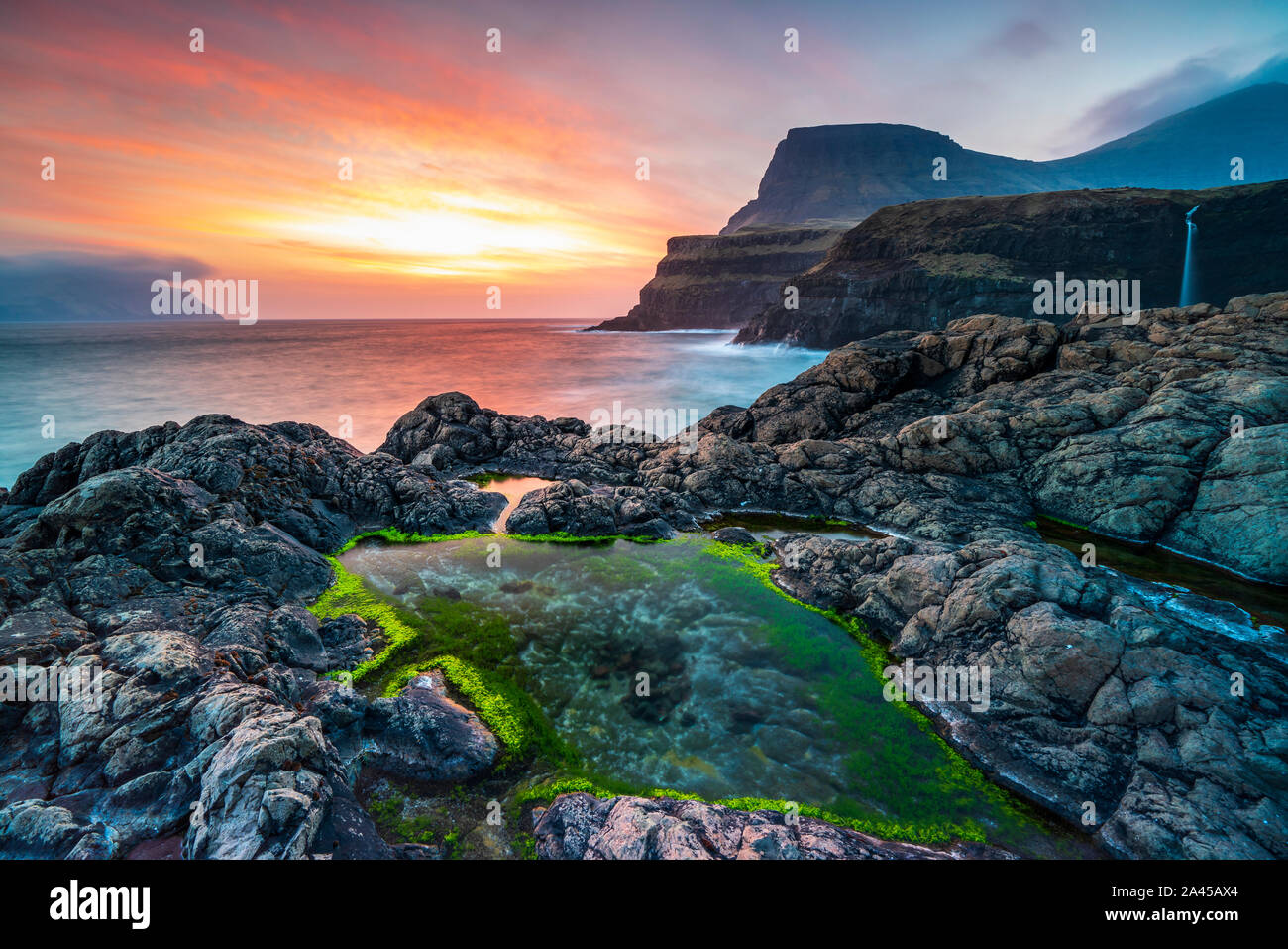 Gasadalur waterfall, Vagar Island, Faroe Islands, Denmark, Europe Stock ...