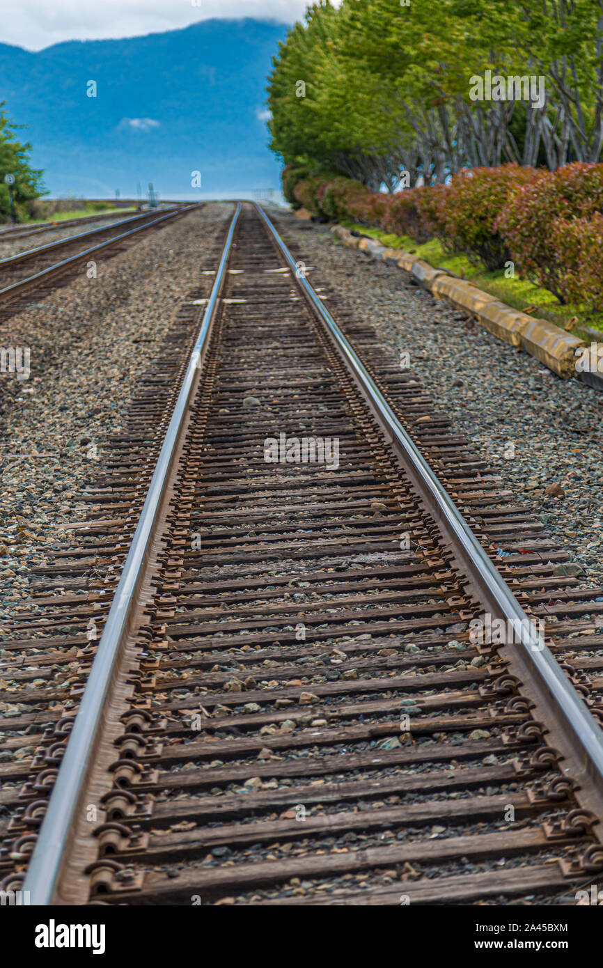 Railroad Tracks Curving into Distance toward Blue Mountains Stock Photo ...