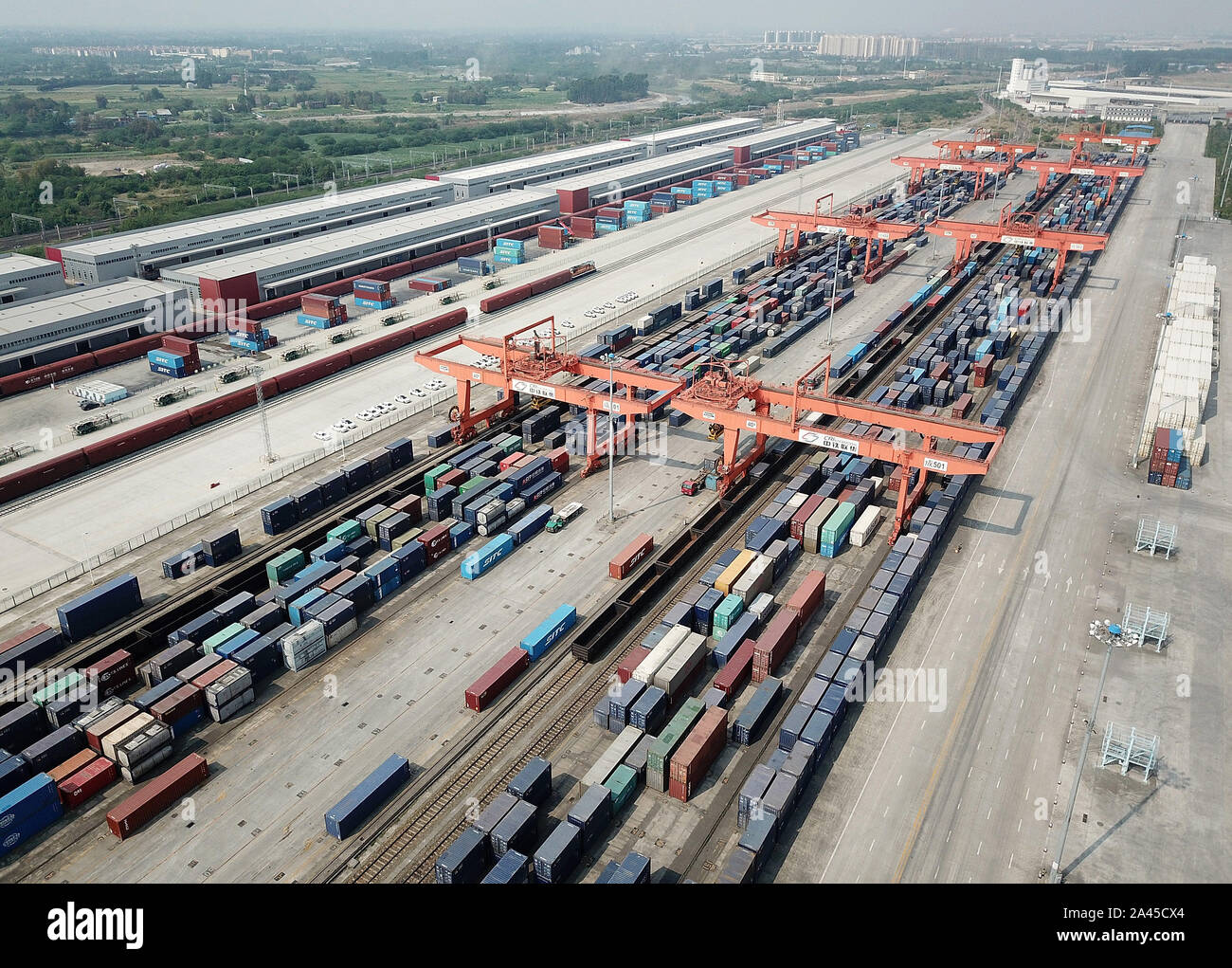 An aerial view of the Qingbaijiang Railway Port where freight trains ...
