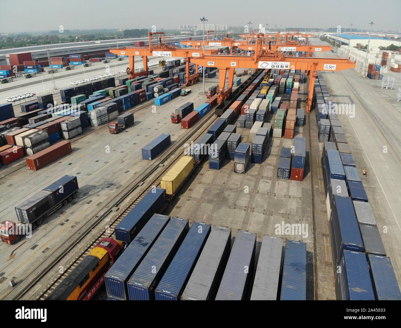 An aerial view of the Qingbaijiang Railway Port where freight trains ...
