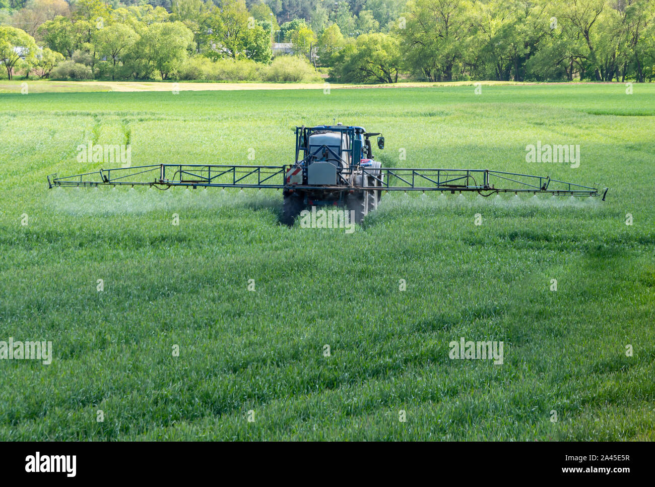 Tractor fertilizes a green field Stock Photo - Alamy