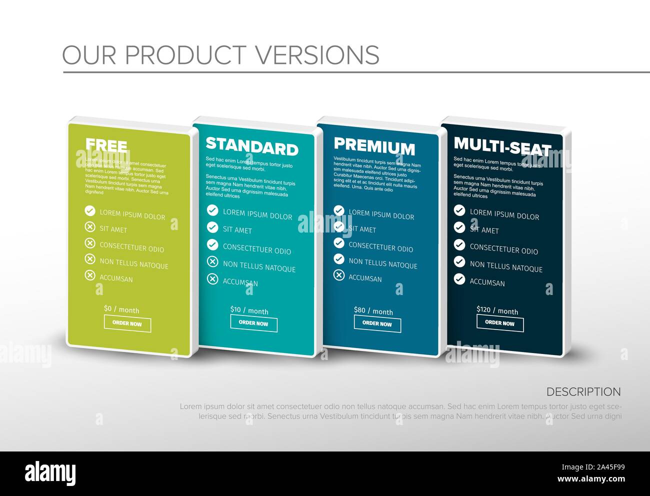 Product features schema template cards with four services, feature ...