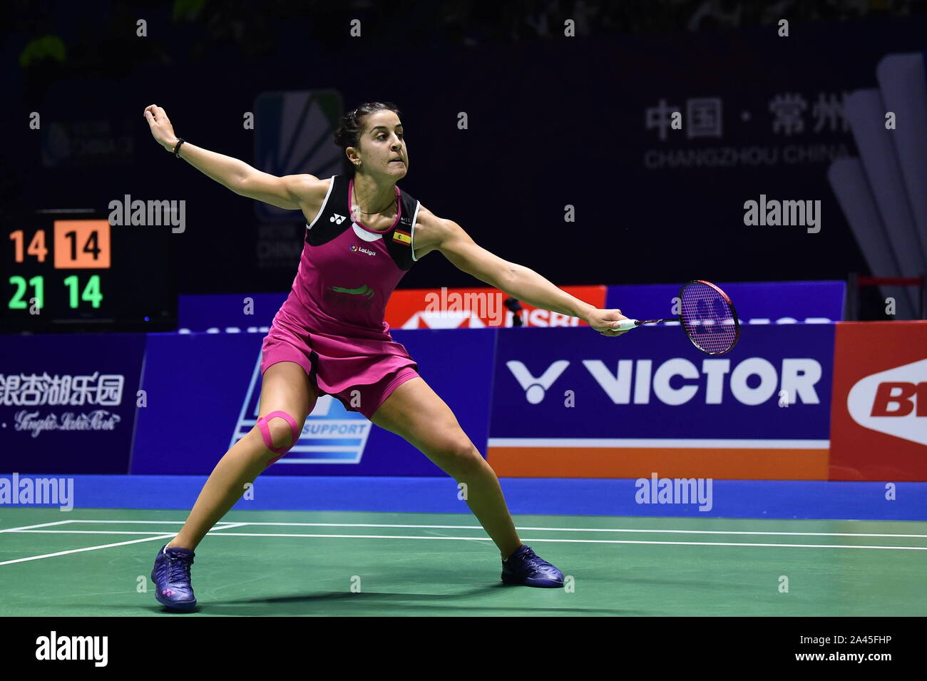 Spanish professional badminton player Carolina Marin competes against ...