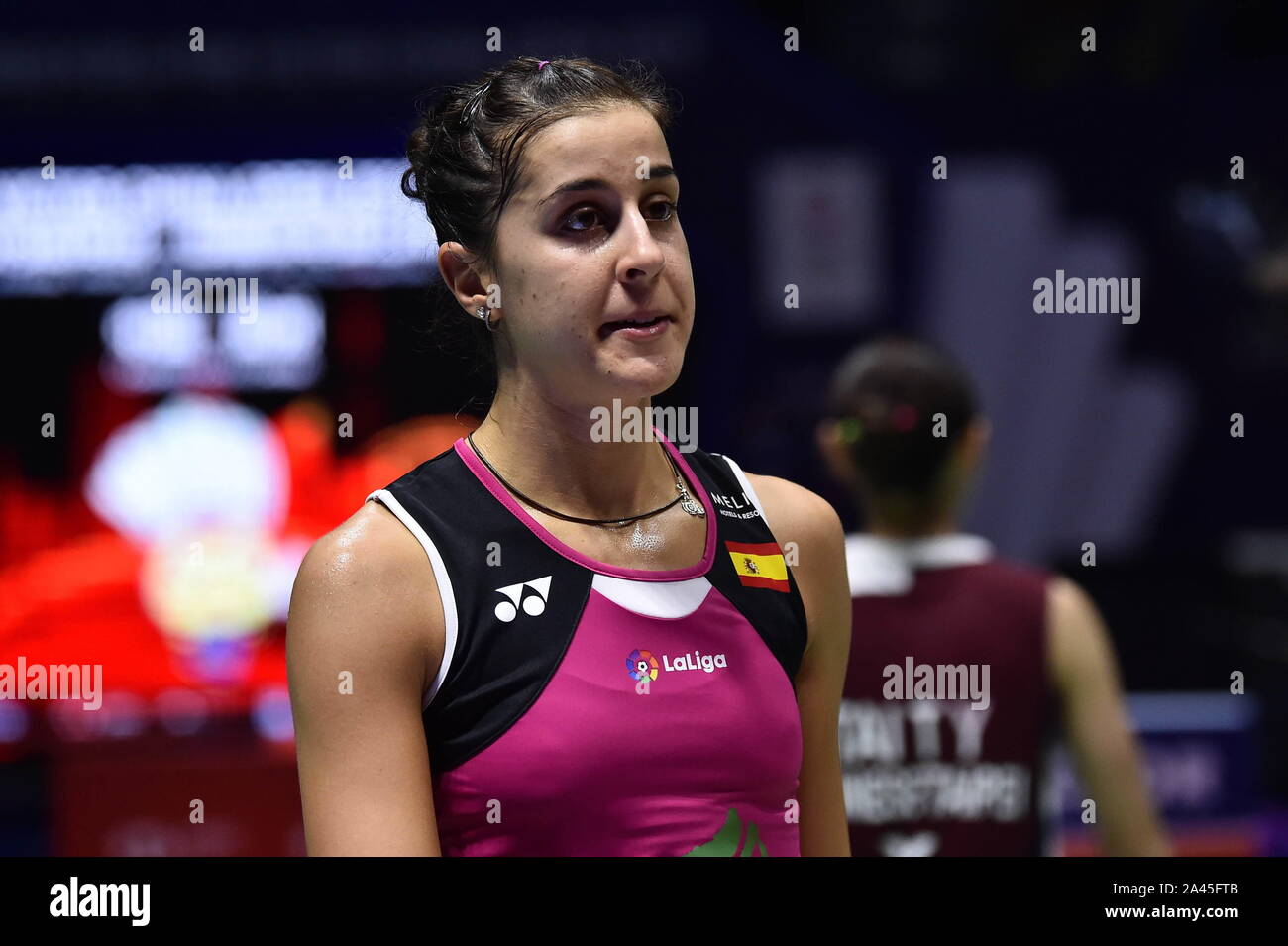 Spanish professional badminton player Carolina Marin competes against ...