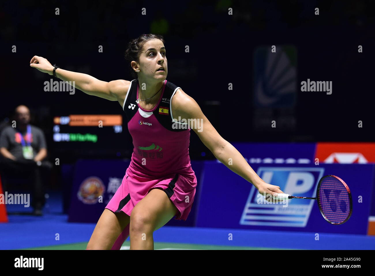Spanish professional badminton player Carolina Marin competes against ...