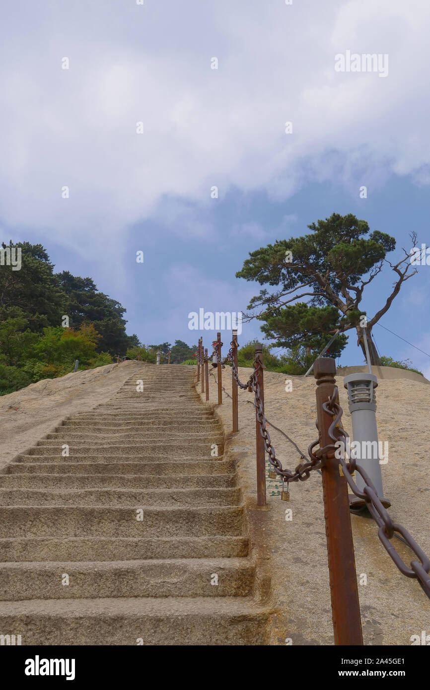 Steep ladder in Sacred taoist mountain Mount Huashan, popular touristic ...