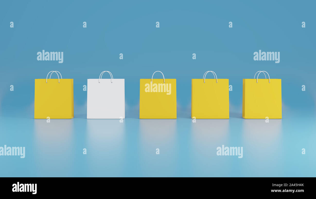 One out unique paper bag concept on a blue background. 3d rendering ...