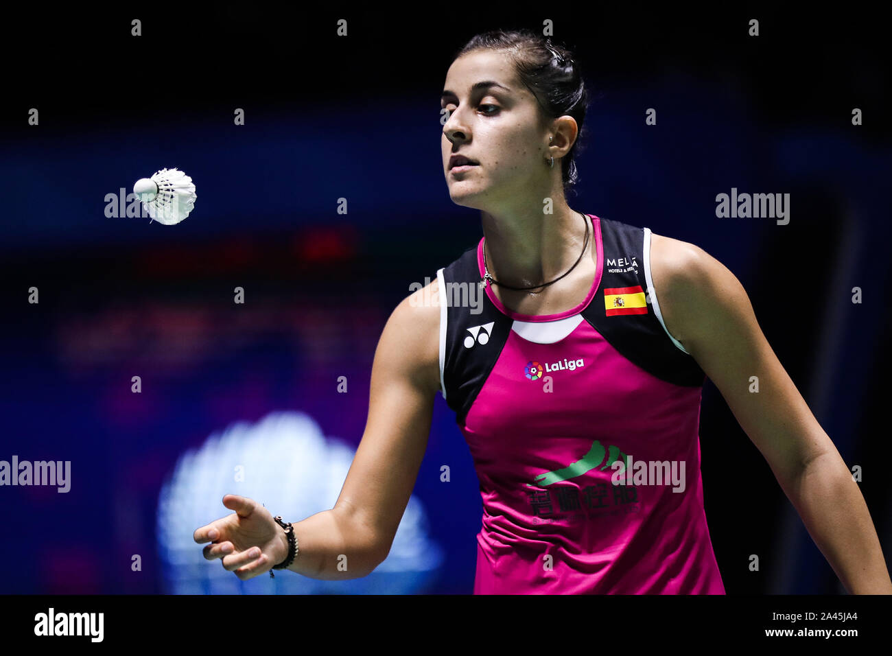 Spanish professional badminton player Carolina Marin competes against ...