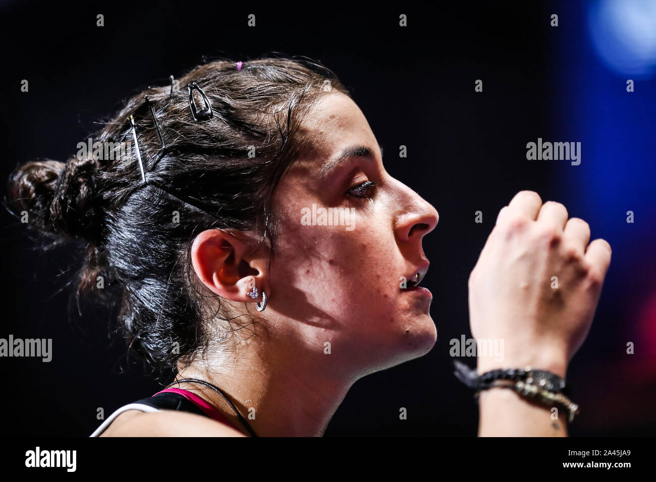 Spanish professional badminton player Carolina Marin competes against ...