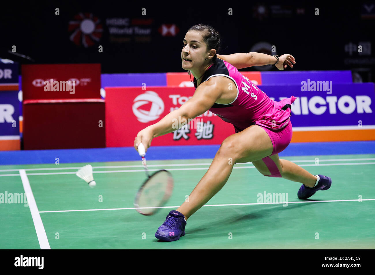 Spanish professional badminton player Carolina Marin competes against ...