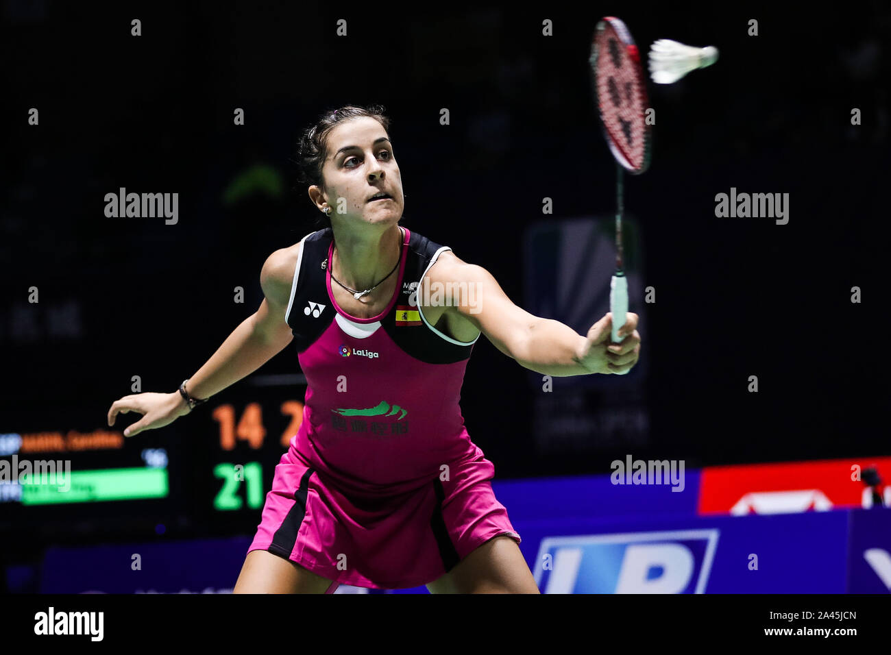 Spanish professional badminton player Carolina Marin competes against ...