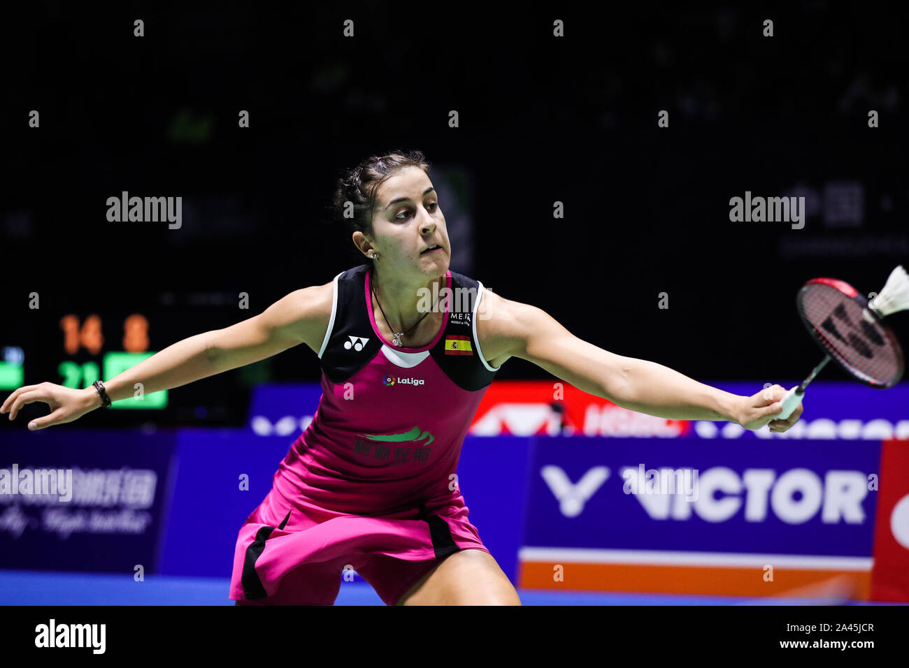 Spanish professional badminton player Carolina Marin competes against ...