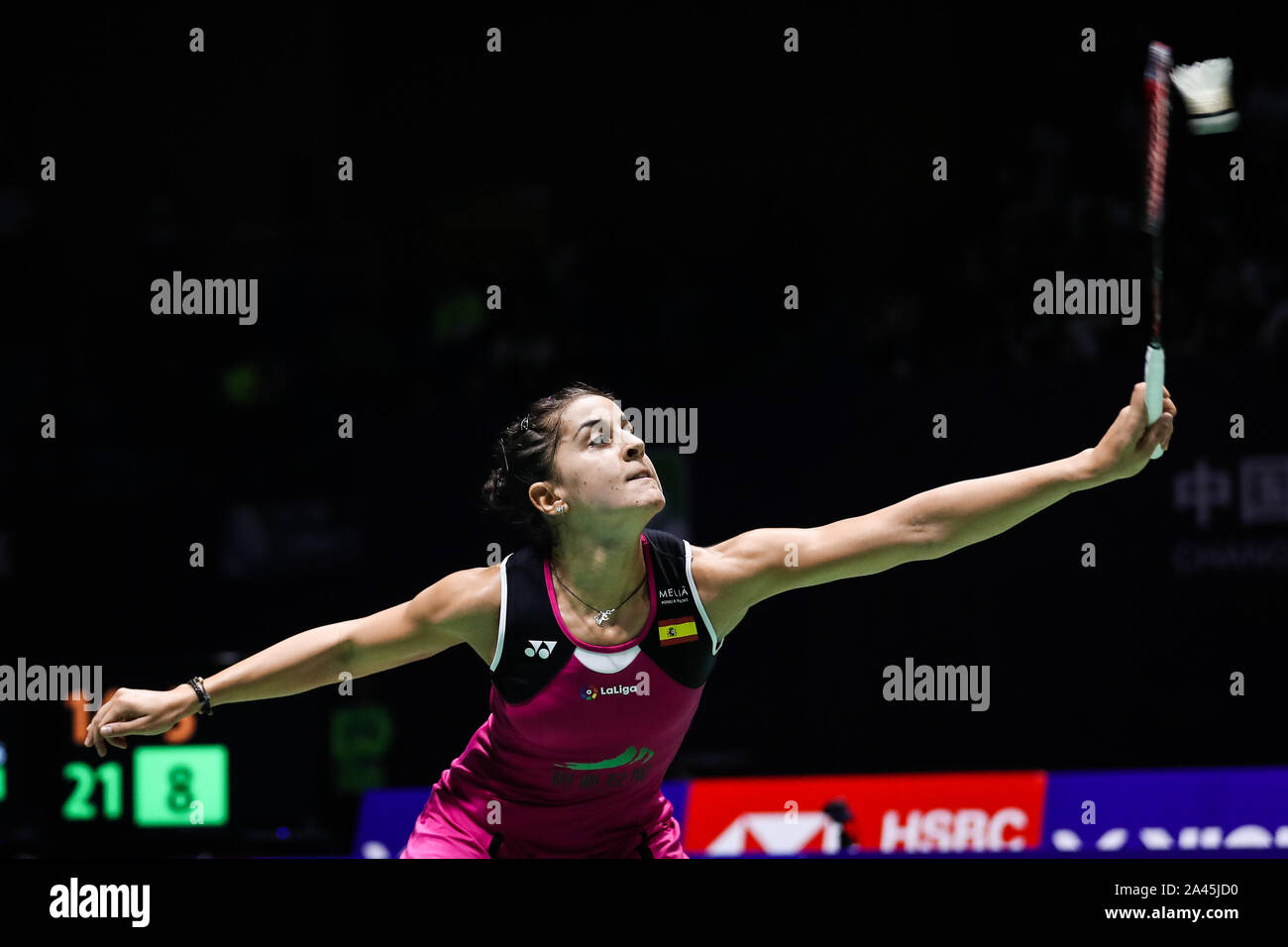 Spanish professional badminton player Carolina Marin competes against ...