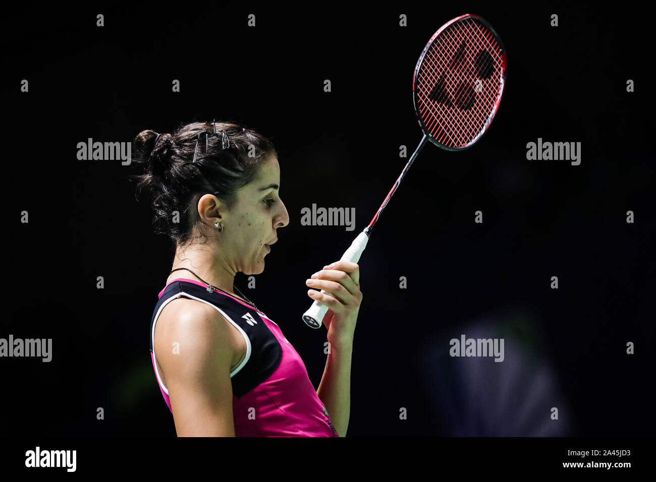 Spanish professional badminton player Carolina Marin competes against ...
